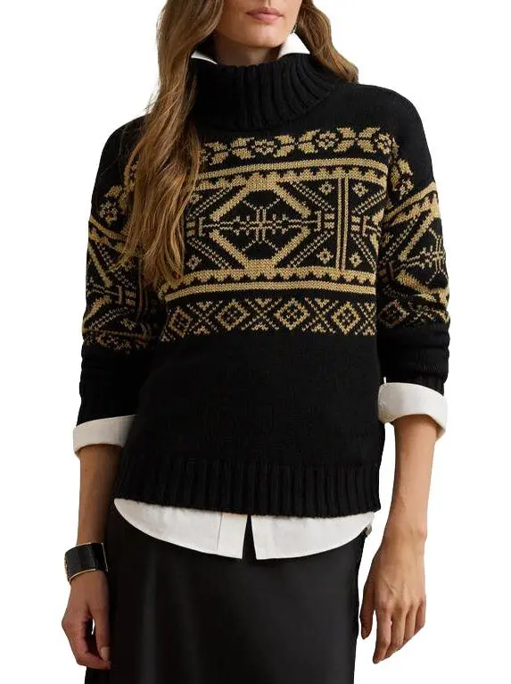 Ralph Lauren Fair Isle Turtleneck Sweater - Black/relic Gold Metallic