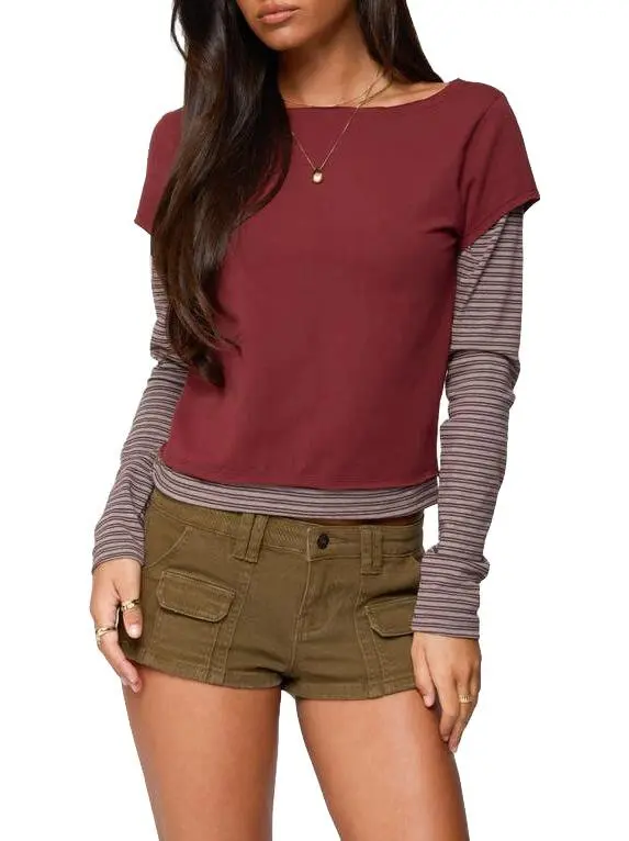 EDIKTED Layered Stretch-cotton T-shirt - Burgundy