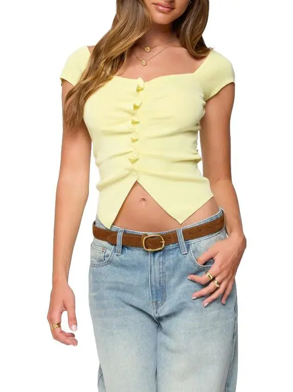 EDIKTED Lilibet Ruffle Placket Knit Top - Yellow