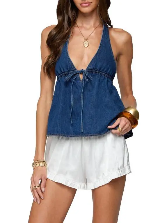 EDIKTED Safia Denim Halter Top - Blue