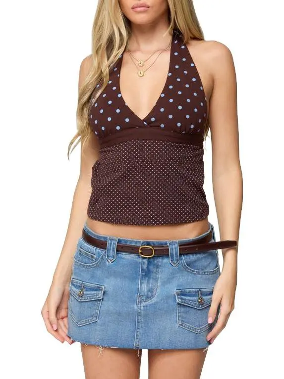 EDIKTED Polka Dot Halter Top - Brown