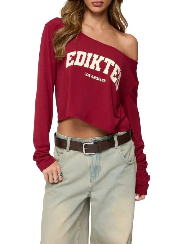 EDIKTED Off-the-shoulder Graphic T-shirt - Burgundy