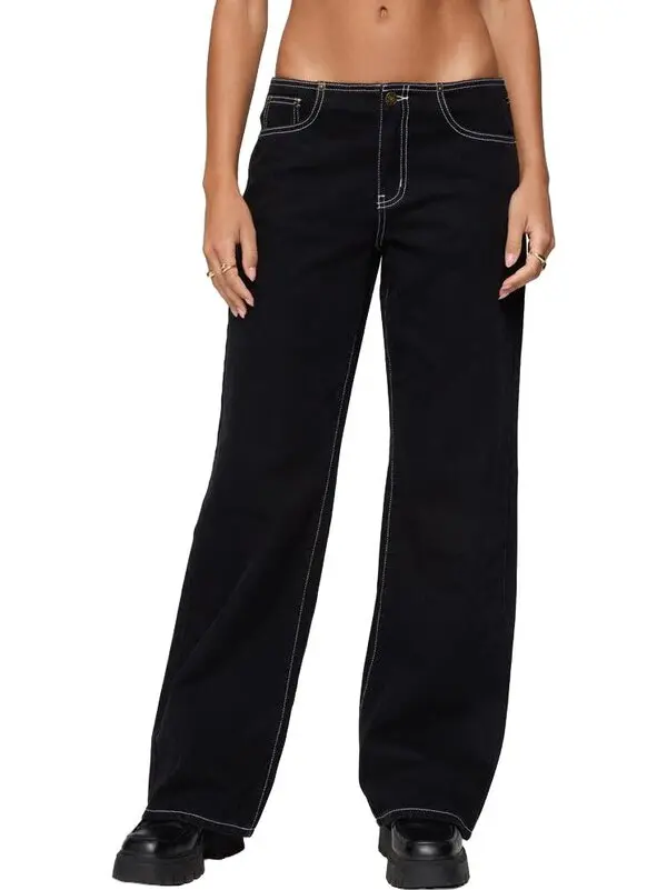 EDIKTED Contrast Stitch Low Rise Wide Leg Jeans - Black