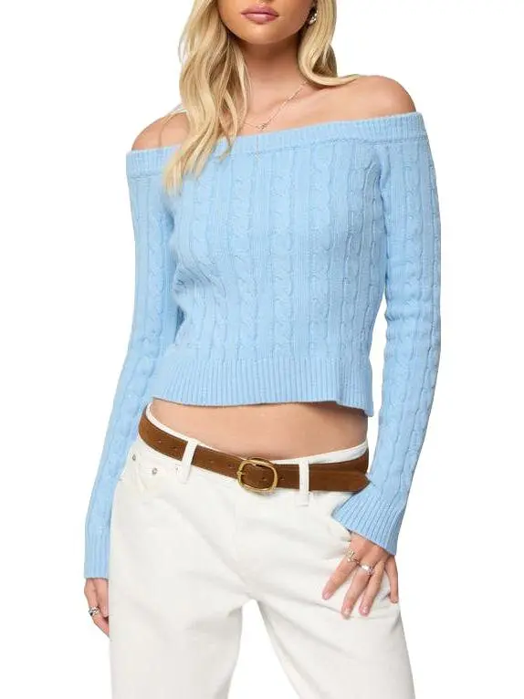 EDIKTED Tanzia Off-the-shoulder Cable Stitch Pullover Sweater - Light-blue