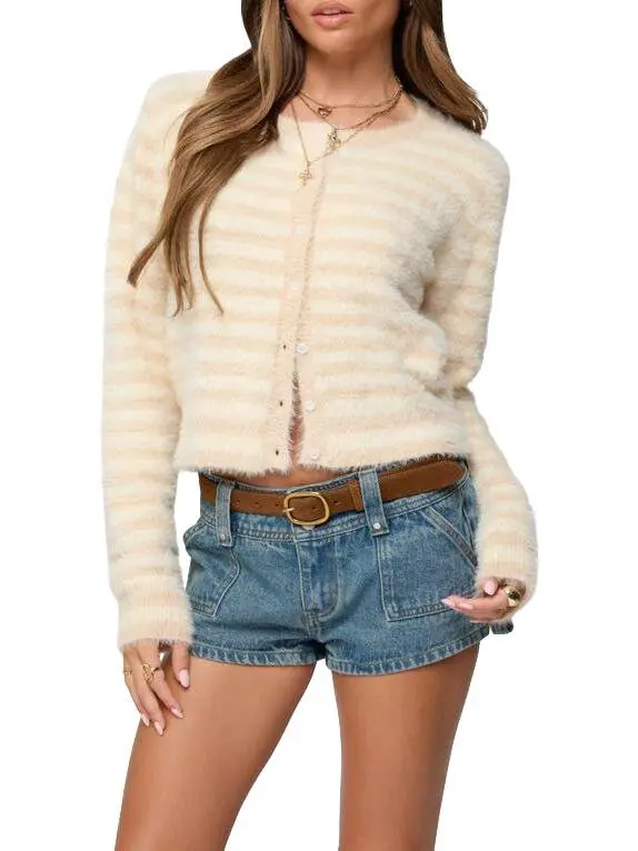 EDIKTED Aria Stripe Fuzzy Cardigan - Cream
