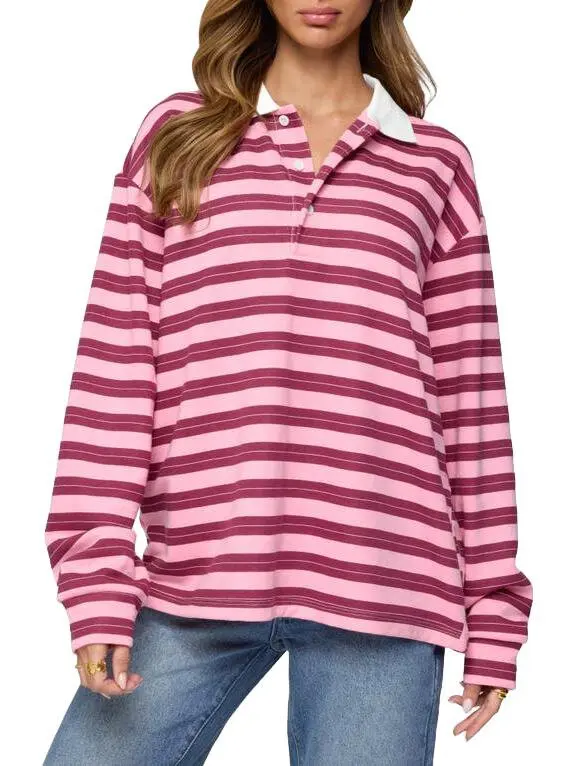 EDIKTED Striped Polo Sweatshirt - Pink