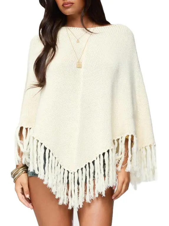 EDIKTED Kamila Fringe Trim Cotton Poncho - Cream