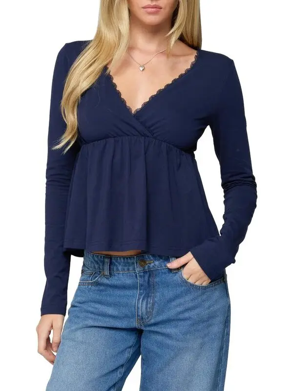 EDIKTED Long Sleeve Babydoll Top - Navy