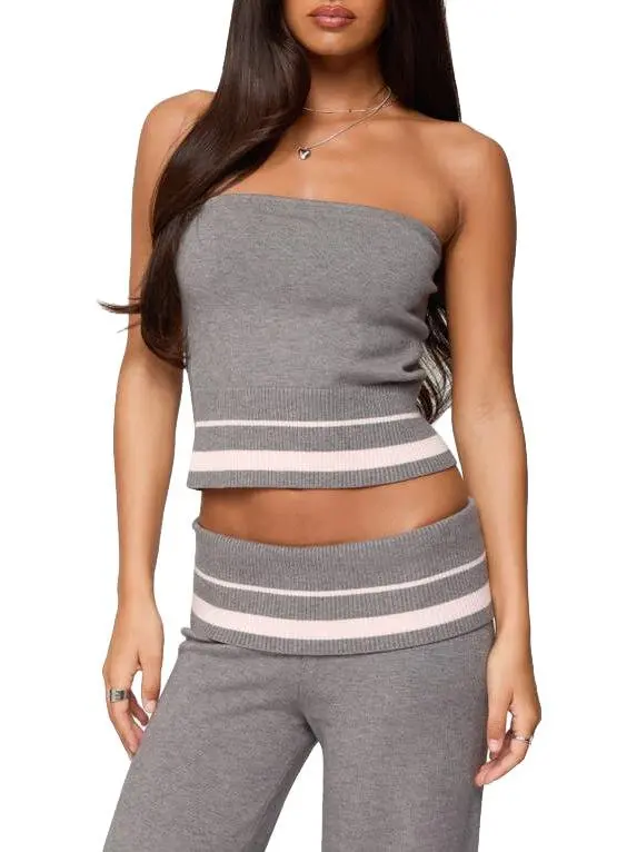 EDIKTED Kaliya Stripe Strapless Knit Top - Gray-melange