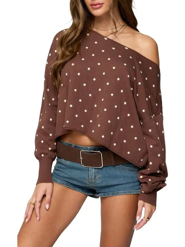 EDIKTED Oversized Off-the-shoulder Polka Dot Sweater - Brown