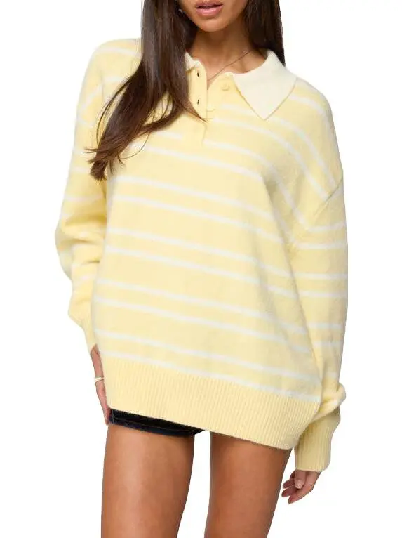 EDIKTED Striped Polo Sweater - Yellow-and-white