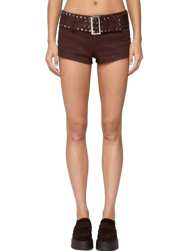 EDIKTED Studded Belt Denim Micro Shorts - Dark-brown