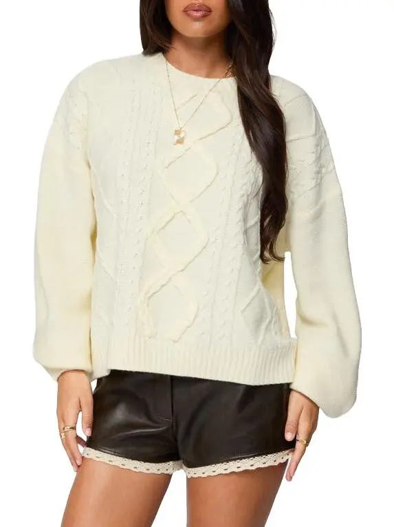 EDIKTED Oversized Cable Knit Crewneck Sweater - Cream