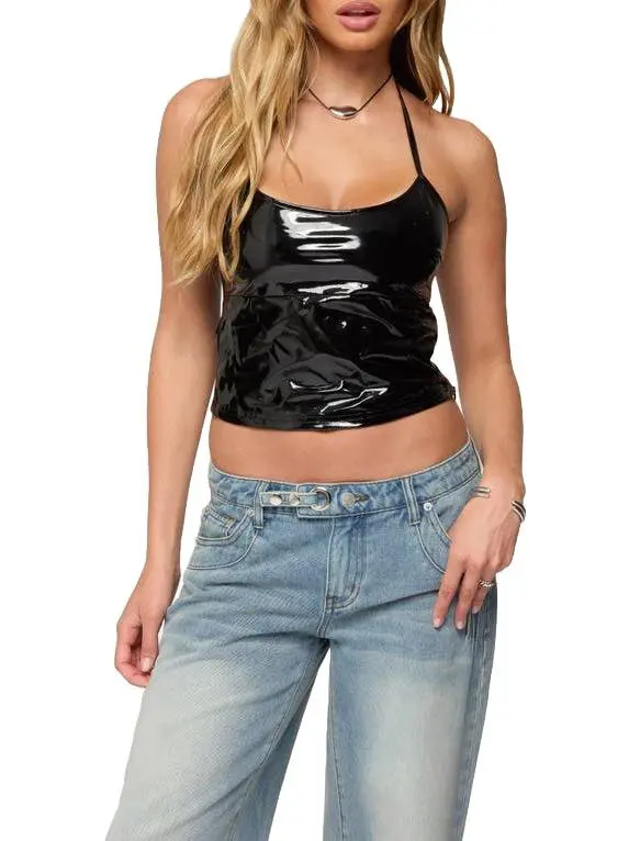 EDIKTED Vinyl Halter Top - Black