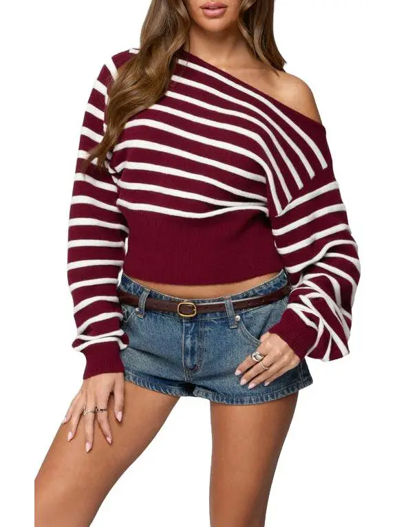 EDIKTED Striped Off-the-shoulder Cropped Sweater - Burgundy