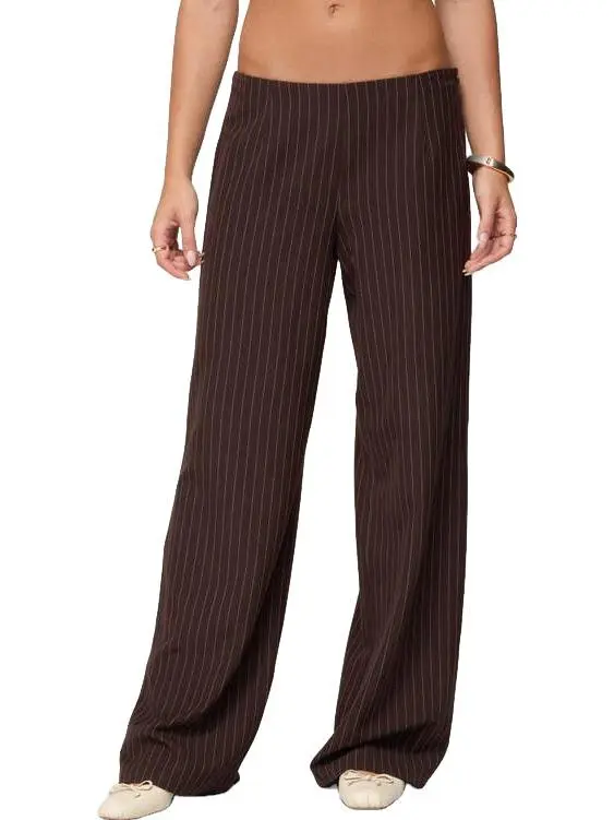 EDIKTED Wide Leg Pinstripe Trousers - Dark-brown