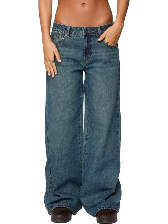 EDIKTED Heartly Low Rise Wide Leg Jeans - Blue-washed