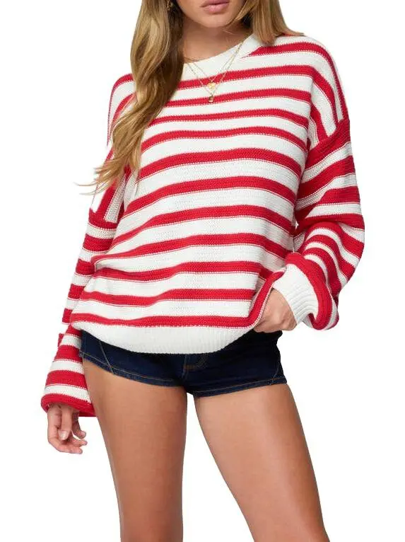 EDIKTED Aerin Oversize Stripe Cotton Sweater - Red-and-cream