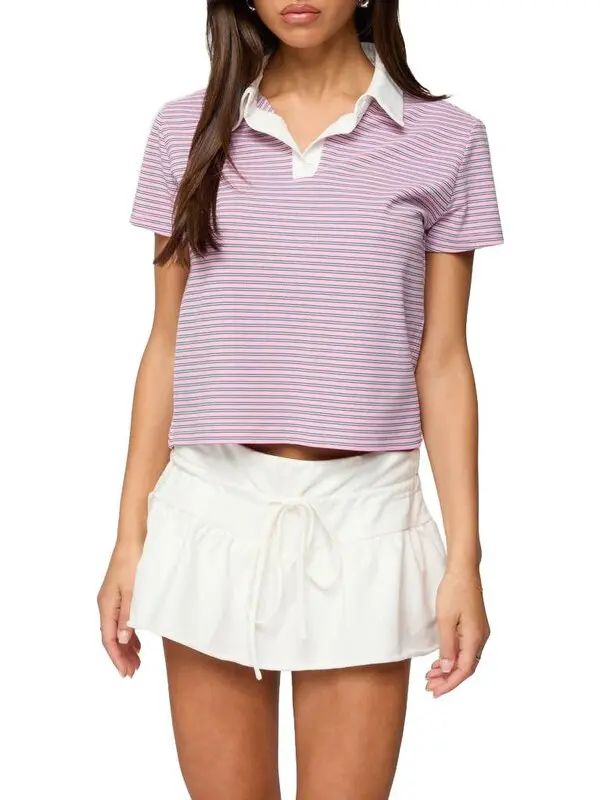 EDIKTED Striped Polo Shirt - Pink