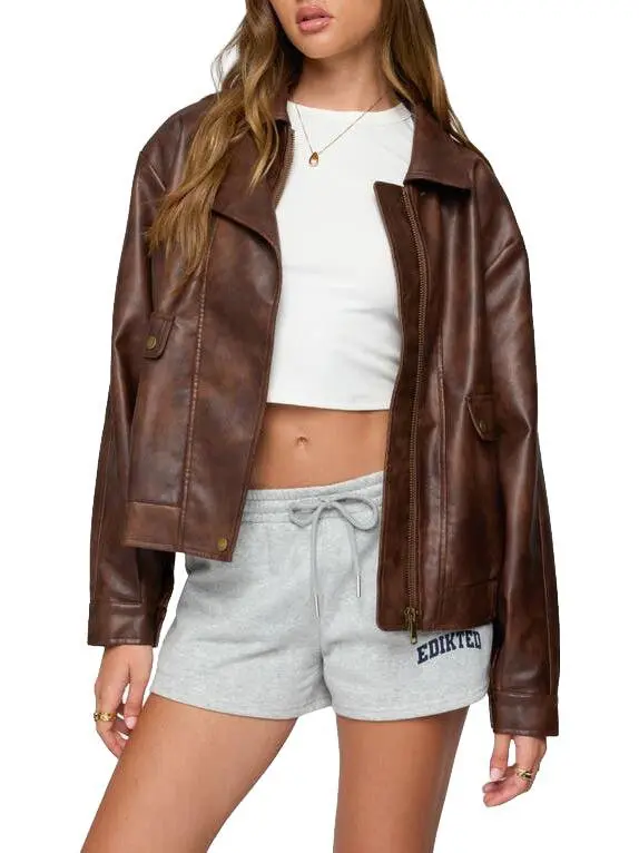 EDIKTED Ardella Oversized Faux Leather Jacket - Brown