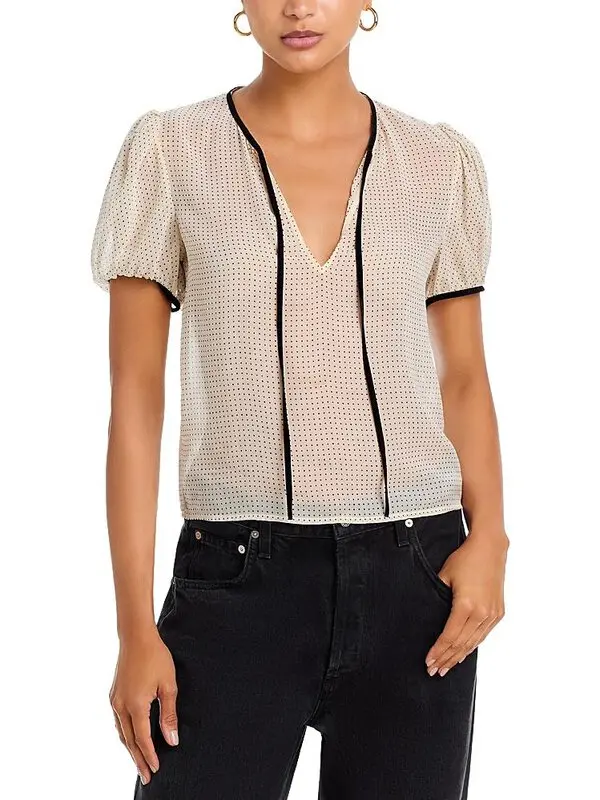 FRAME The Silk Tie Puff Sleeve Top - Ecru Multi