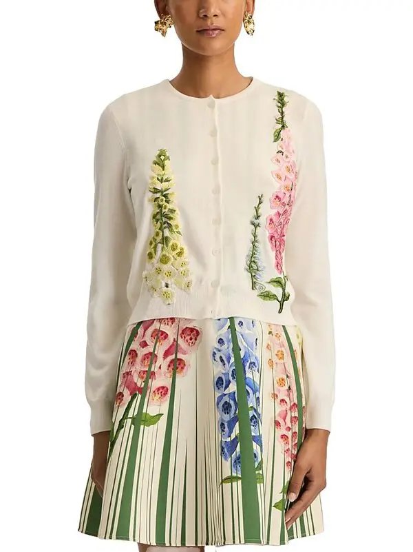 Oscar De La Renta Wool Foxglove Embroidered Cardigan - Ivory