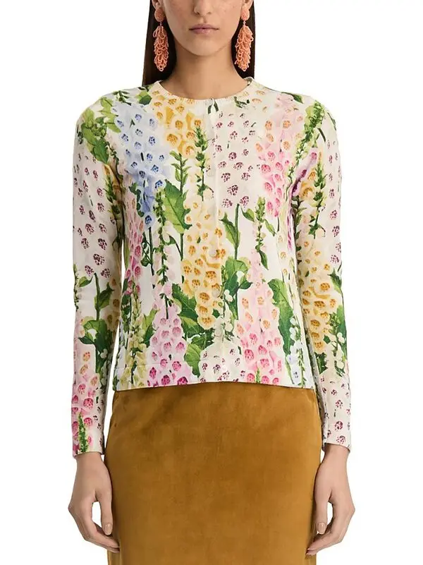 Oscar De La Renta Printed Foxgloves Long Sleeve Cardigan - White Multi