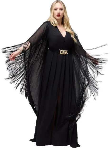 LE FAFO Juliana Belted Fringe Maxi Gown - Black
