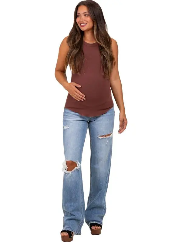 PINKBLUSH Distressed Open Knee Straight Leg Maternity Jeans - Light Blue