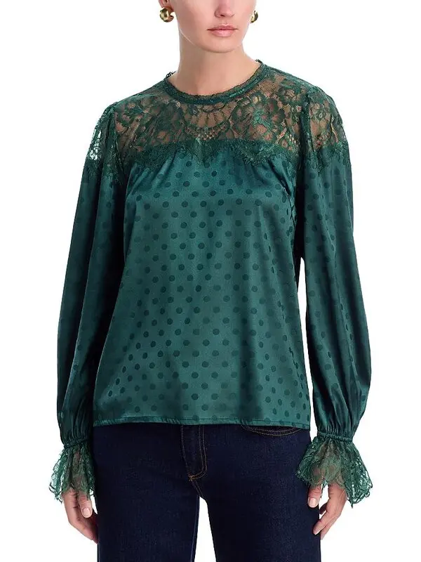 Aqua Polka Dot Lace Long Sleeve Top - Emerald
