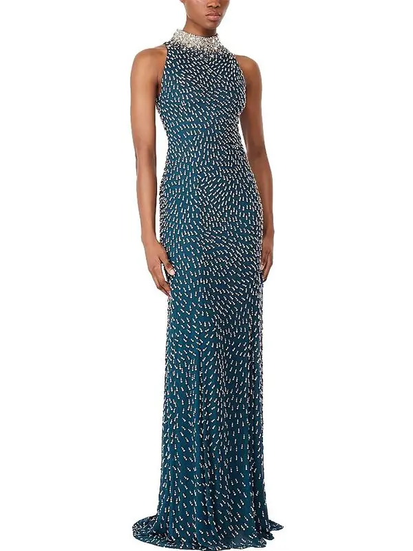 Jenny Packham Sisley Embellished High-neck Maxi Gown - Mosaic Blue