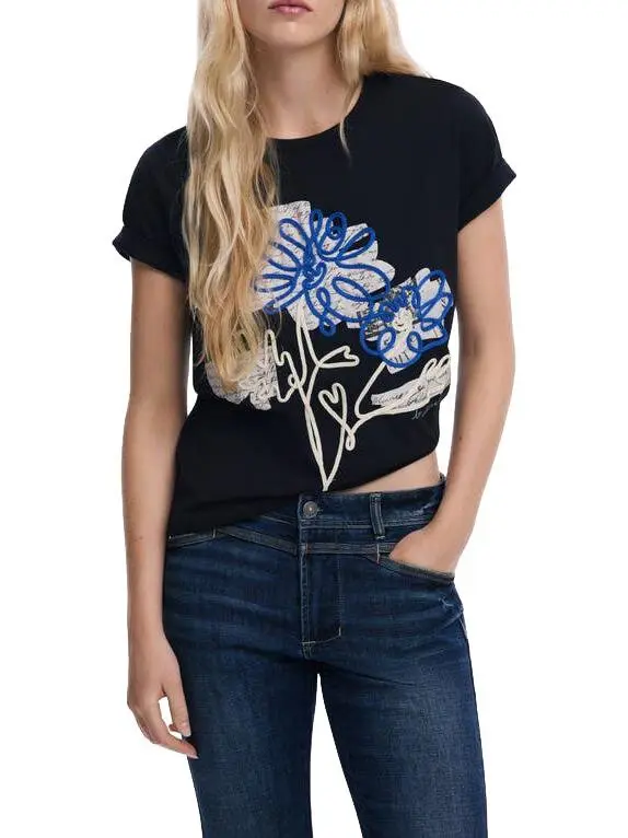 Desigual Floral Graphic Cotton T-shirt - Black