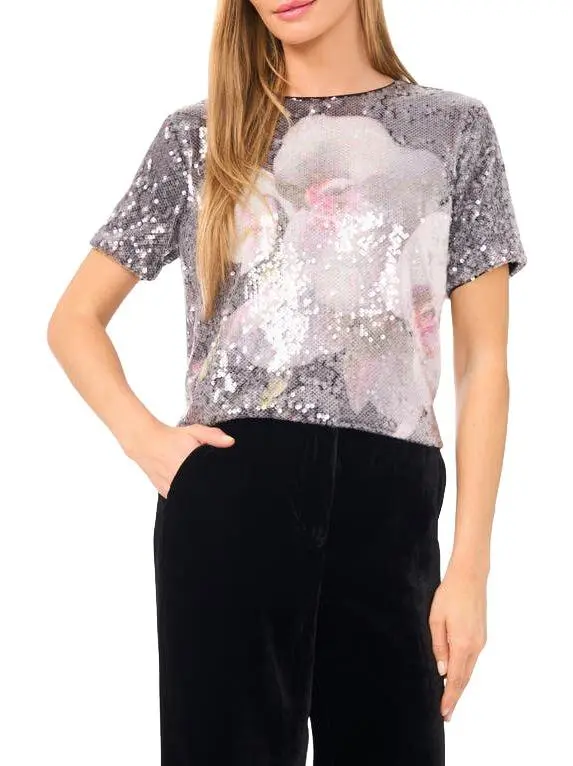 Ted Baker London Floral Sequin Short Sleeve Top - Ivory/rich Black