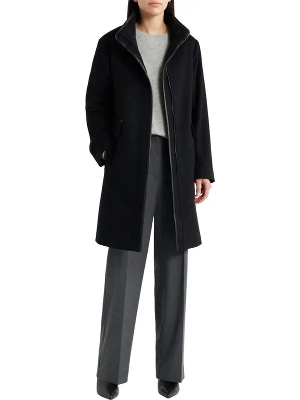 Fleurette Wool Coat With Leather Trim - Black