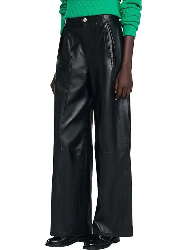 Sandro High Rise Leather Pants - Black
