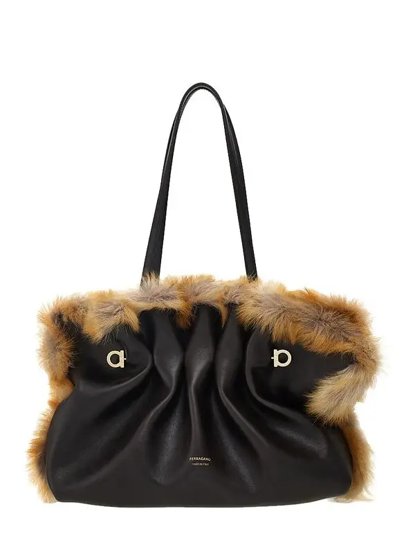 FERRAGAMO Pierced Leather & Shearling Shoulder Bag - Testa Di Moro