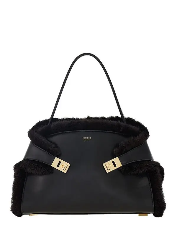 FERRAGAMO Hug Leather & Shearling Shoulder Bag - Nero