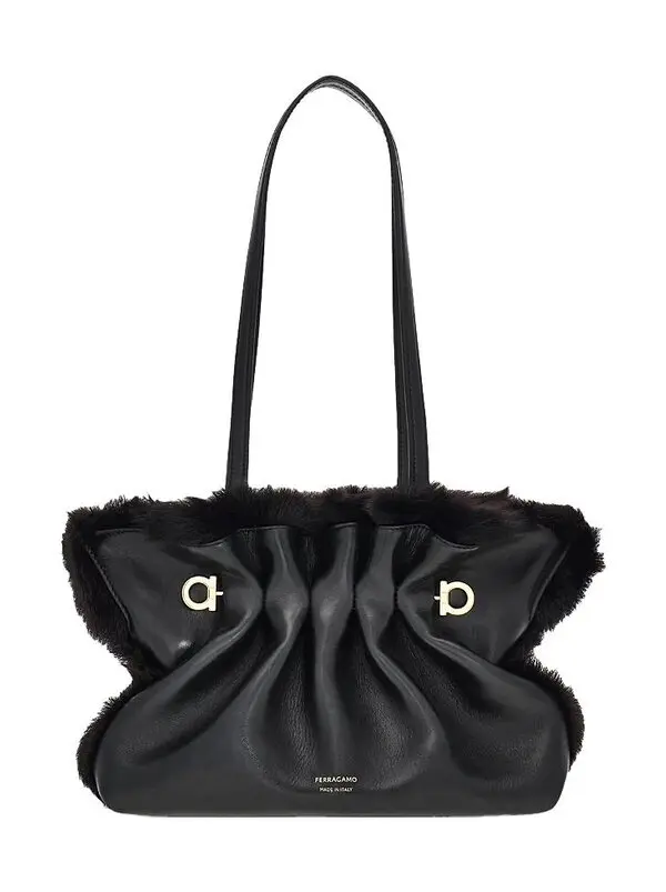 FERRAGAMO Pierced Leather & Shearling Shoulder Bag - Nero
