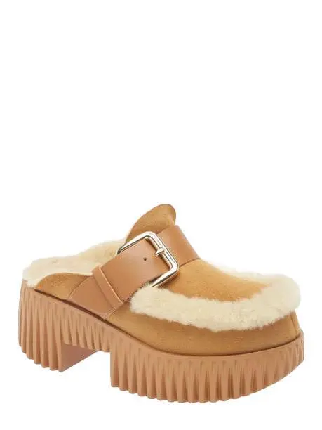 4CCCCEES Genuine Shearling Platform Clogs - Camel