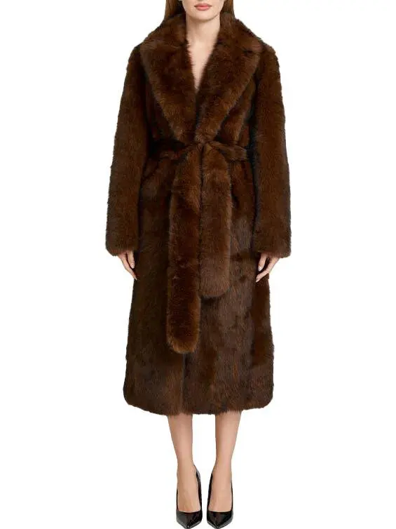 WAYF X Sara Walker Diana Faux Fur Wrap Coat - Rich Brown