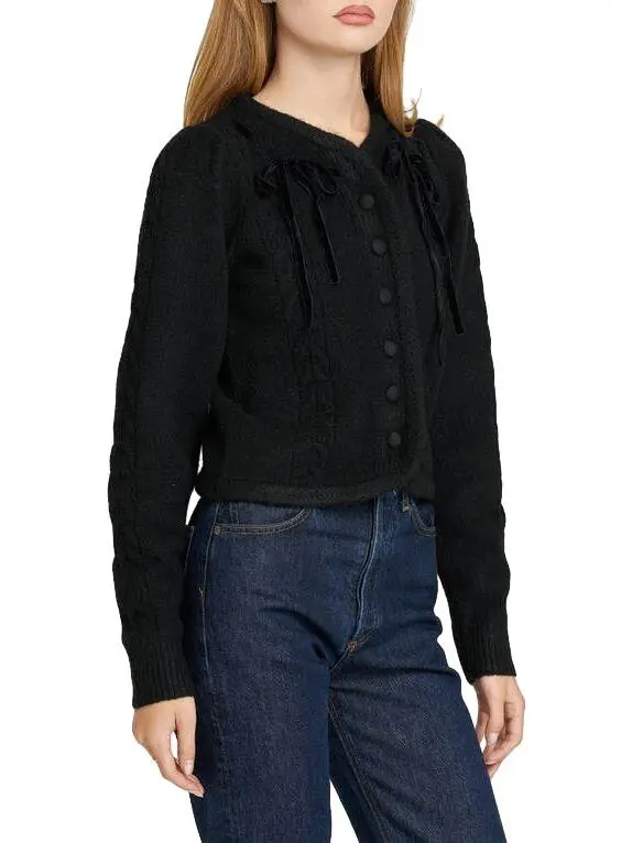 WAYF Velvet Bow Cable Stitch Cardigan - Black