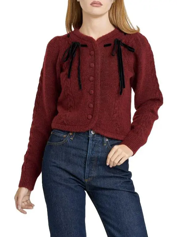 WAYF Velvet Bow Cable Stitch Cardigan - Bordeaux