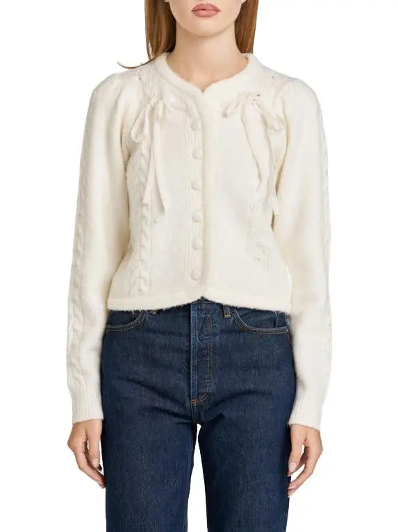 WAYF Velvet Bow Cable Stitch Cardigan - Cream
