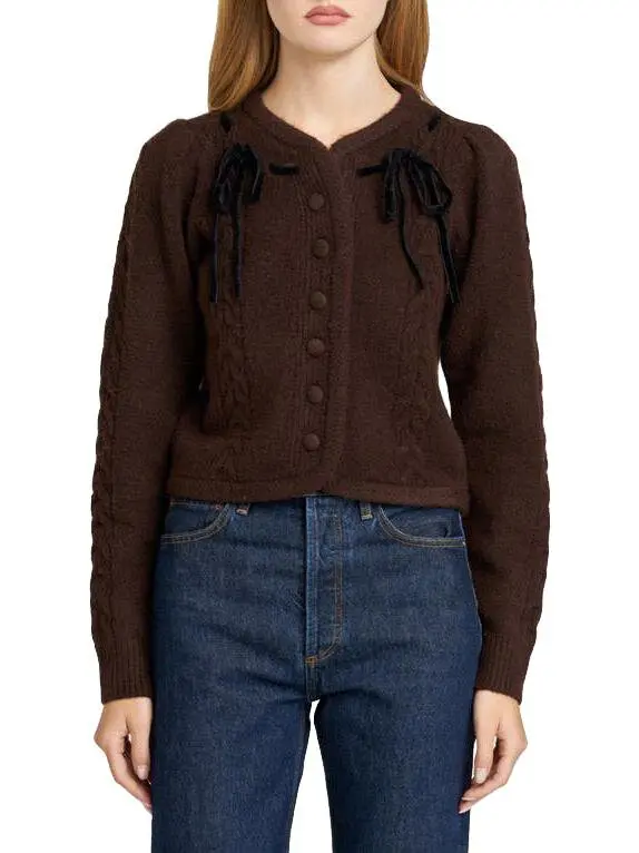 WAYF Velvet Bow Cable Stitch Cardigan - Espresso