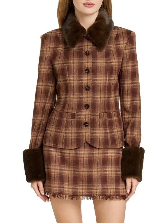 WAYF X Sara Walker Emily Faux Fur Jacket - Brown Plaid
