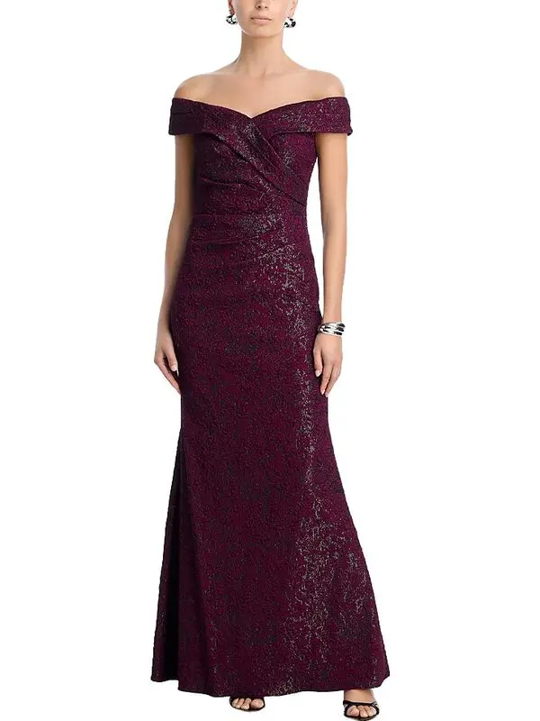 Adrianna Papell Off-the-shoulder Jacquard Gown - Wine/black