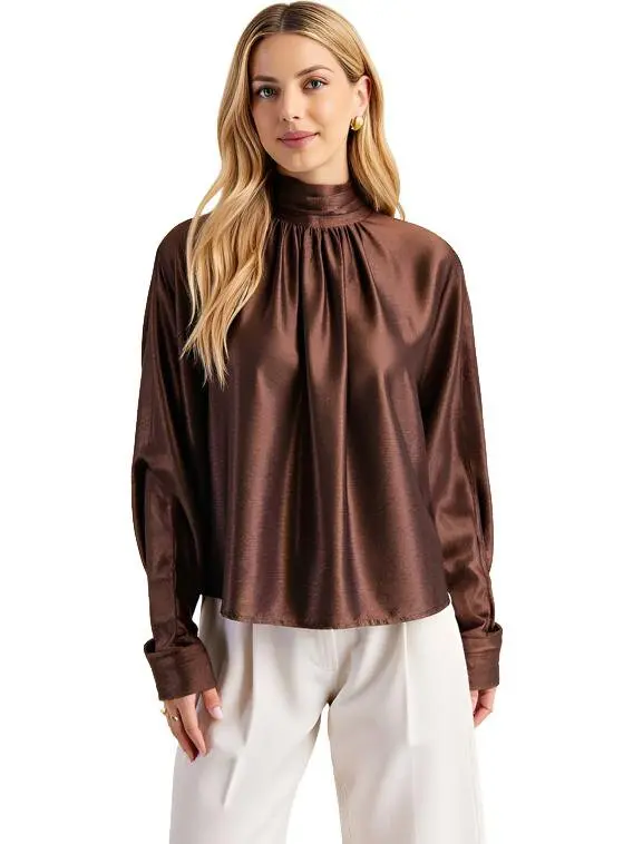 MODENAIRE Satin Blouse With Gathered Neckline And Tie Back - Brown