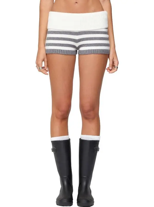 EDIKTED Striped Knit Shorts - Gray-and-white