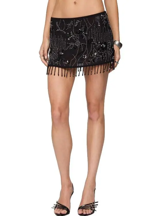 EDIKTED Embellished Beaded Sequin Fringe Miniskirt - Black