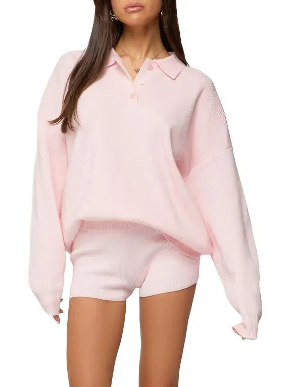 EDIKTED Lorie Oversize Long Sleeve Polo - Light-pink